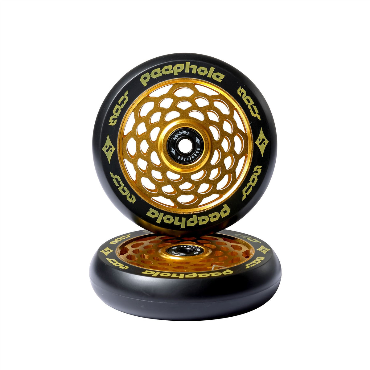 Sacrifice Spy 110mm Peephole Scooter Wheels Gold (Pair) + ABEC 9 Beari ...